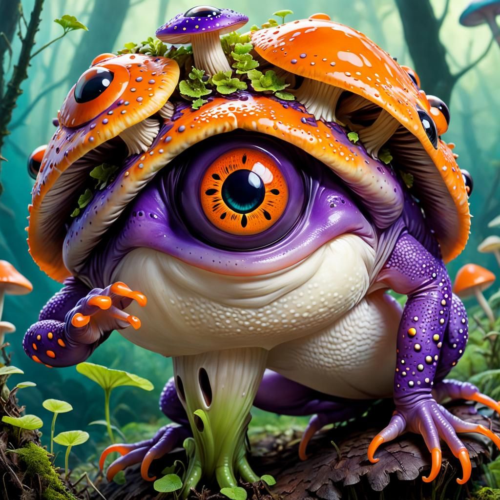 small toad, like creature, bright orange, polka dotted with green spots ...