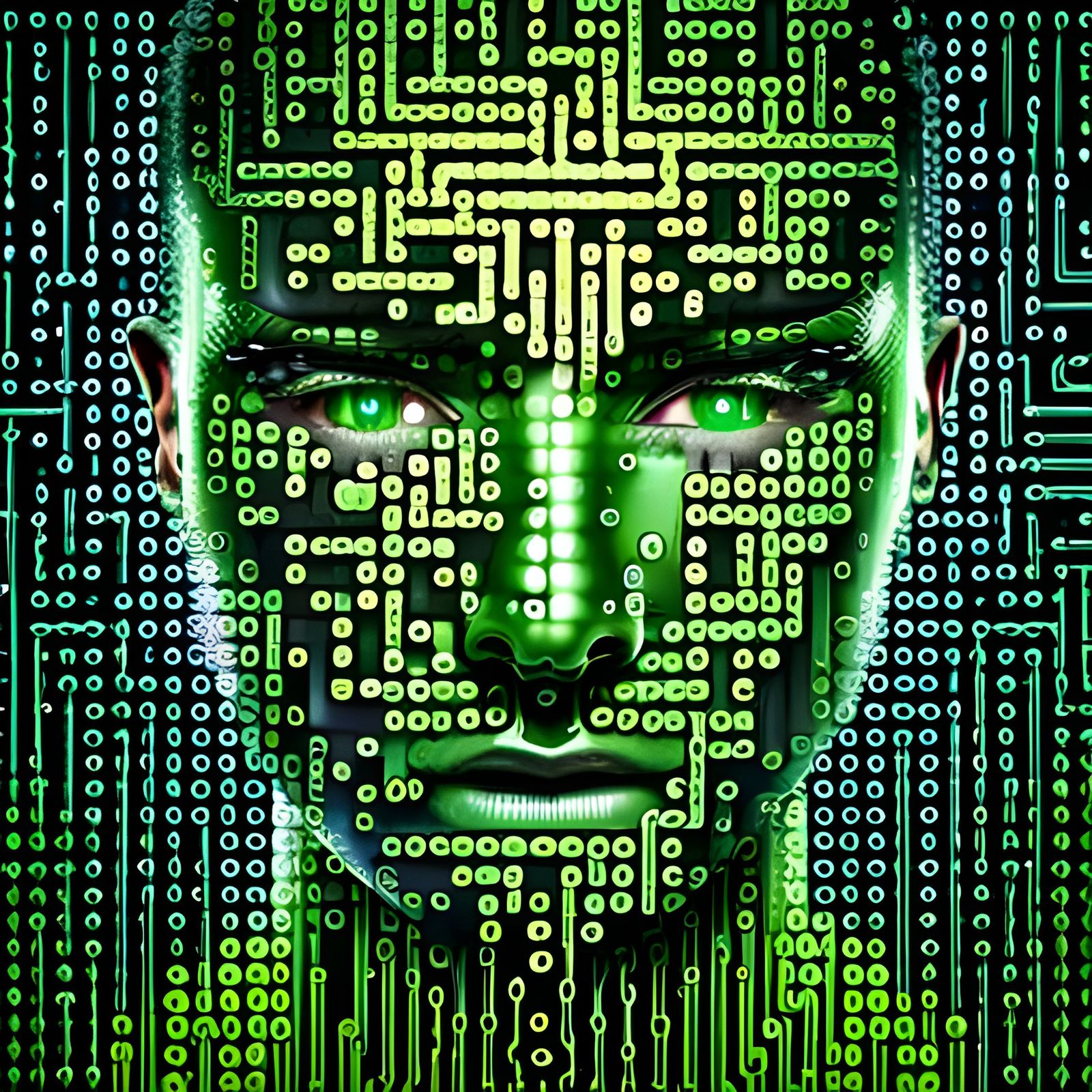 Green Ascii text binary digits Portrait, by matrix :;circuit board ...