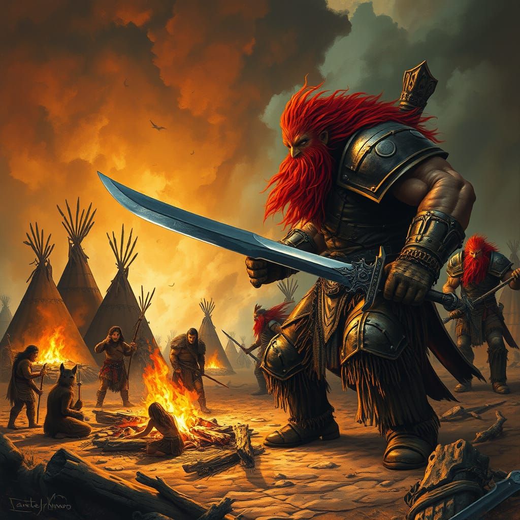 Nephilim Warriors Raid Native American Camp - AI Art