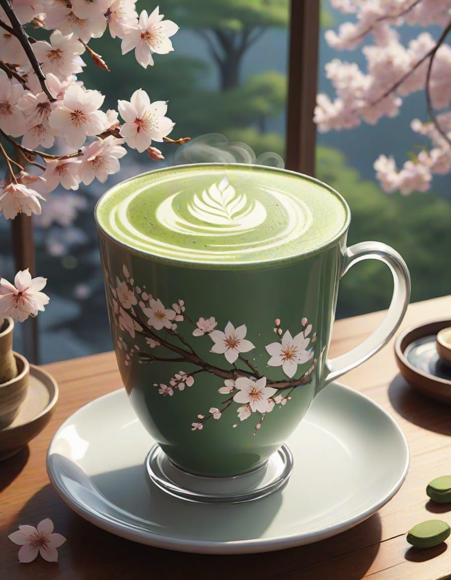 Matcha Latte and Cherry Blossoms - Matcha Latte and Cherry B...