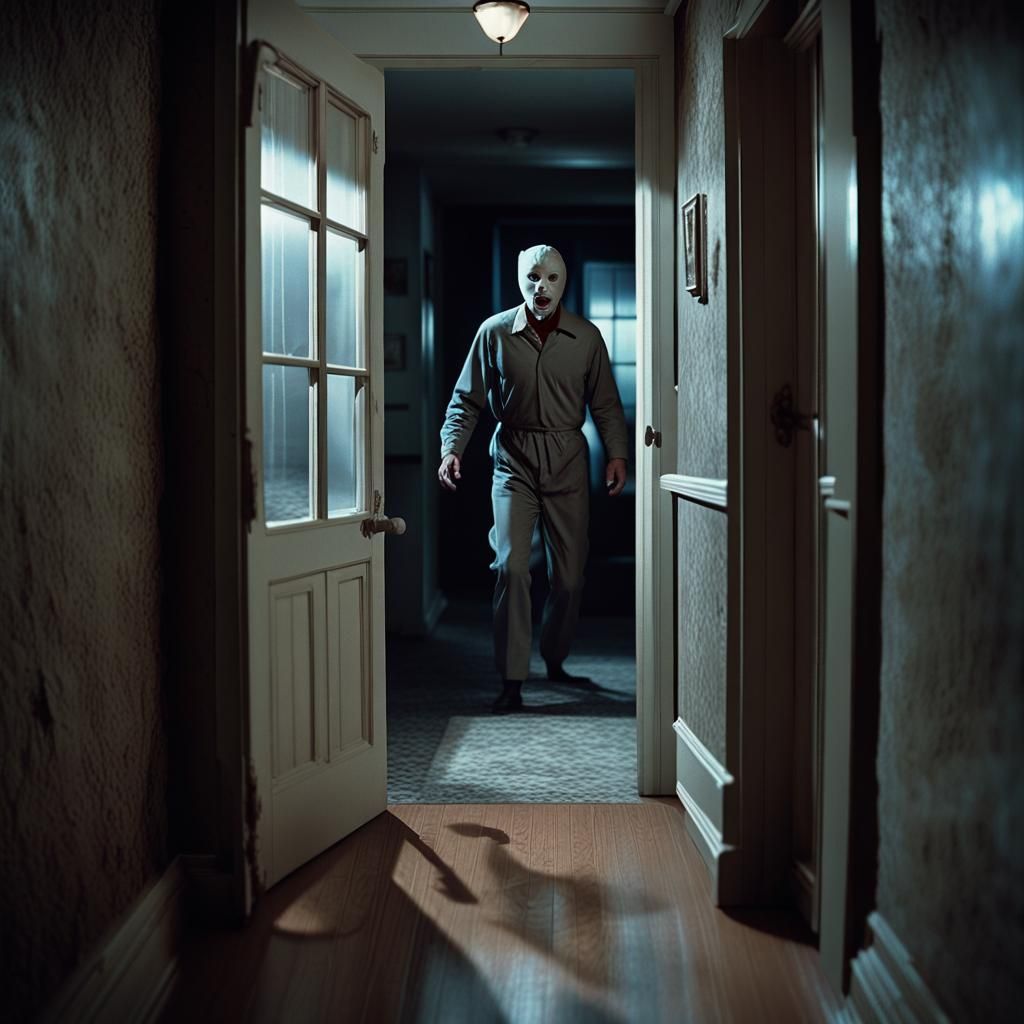 1980's horror movie, masked murder man chases his victim down a dark ...