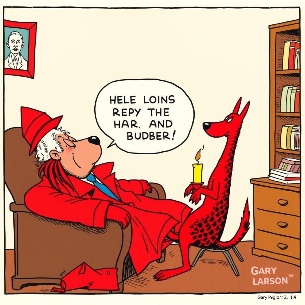 Gary Larson's Vintage Cartoon Style Red Dog in Tre... - AI Art