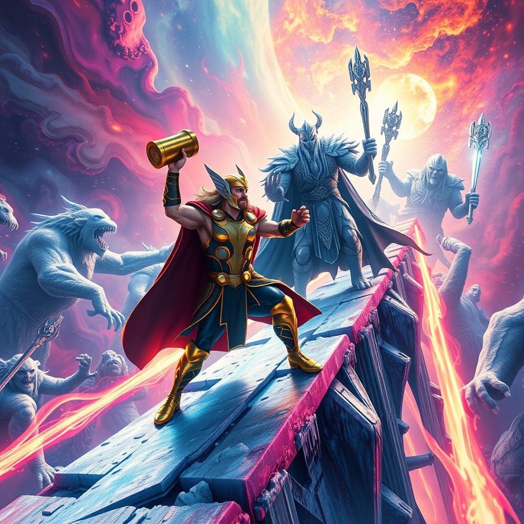 Thor and Heimdall Battle Frost Giants on Bifrost B... - AI Art