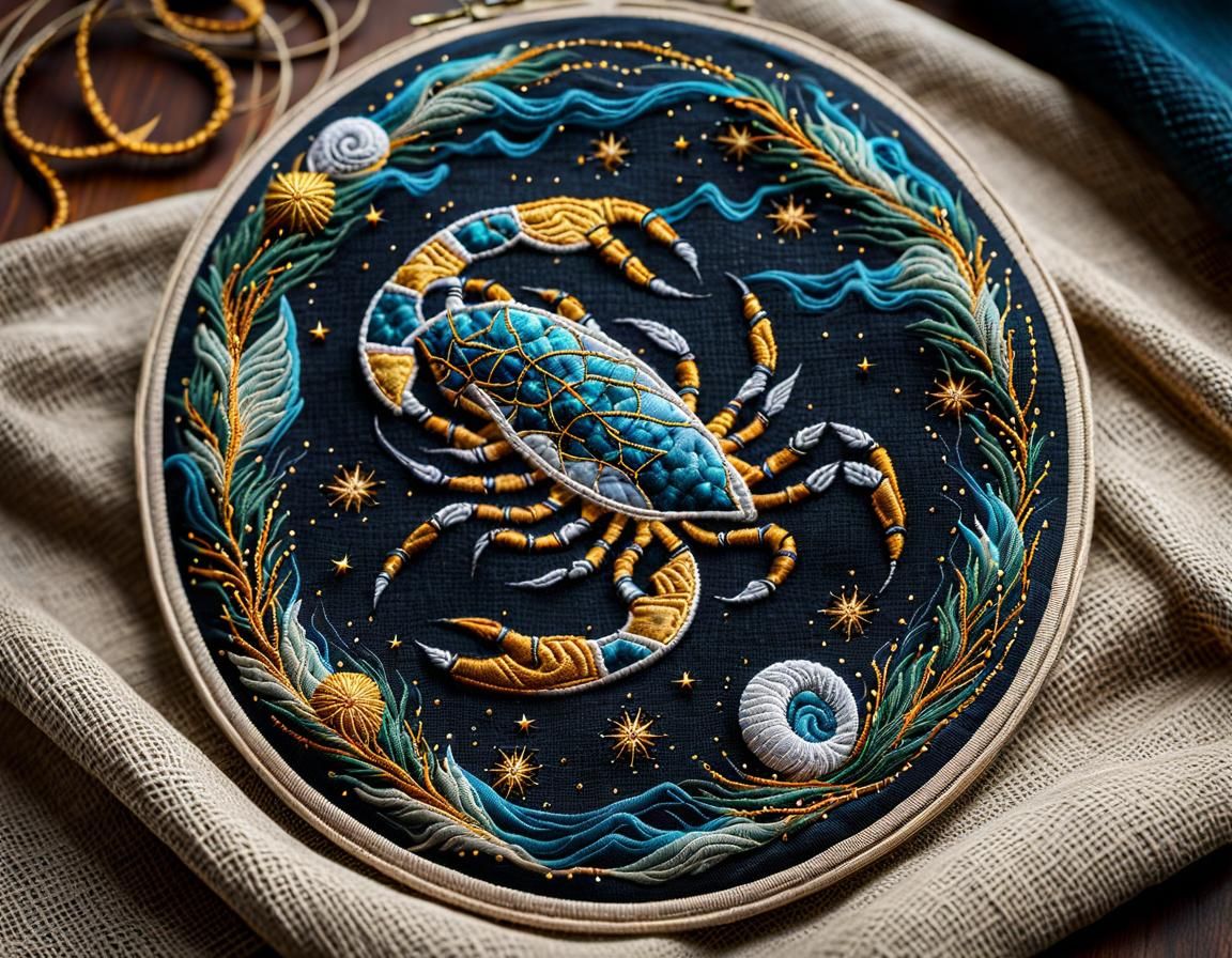 Hand embroidery on natural linen, cotton thread!!!! embroidered Scorpio ...