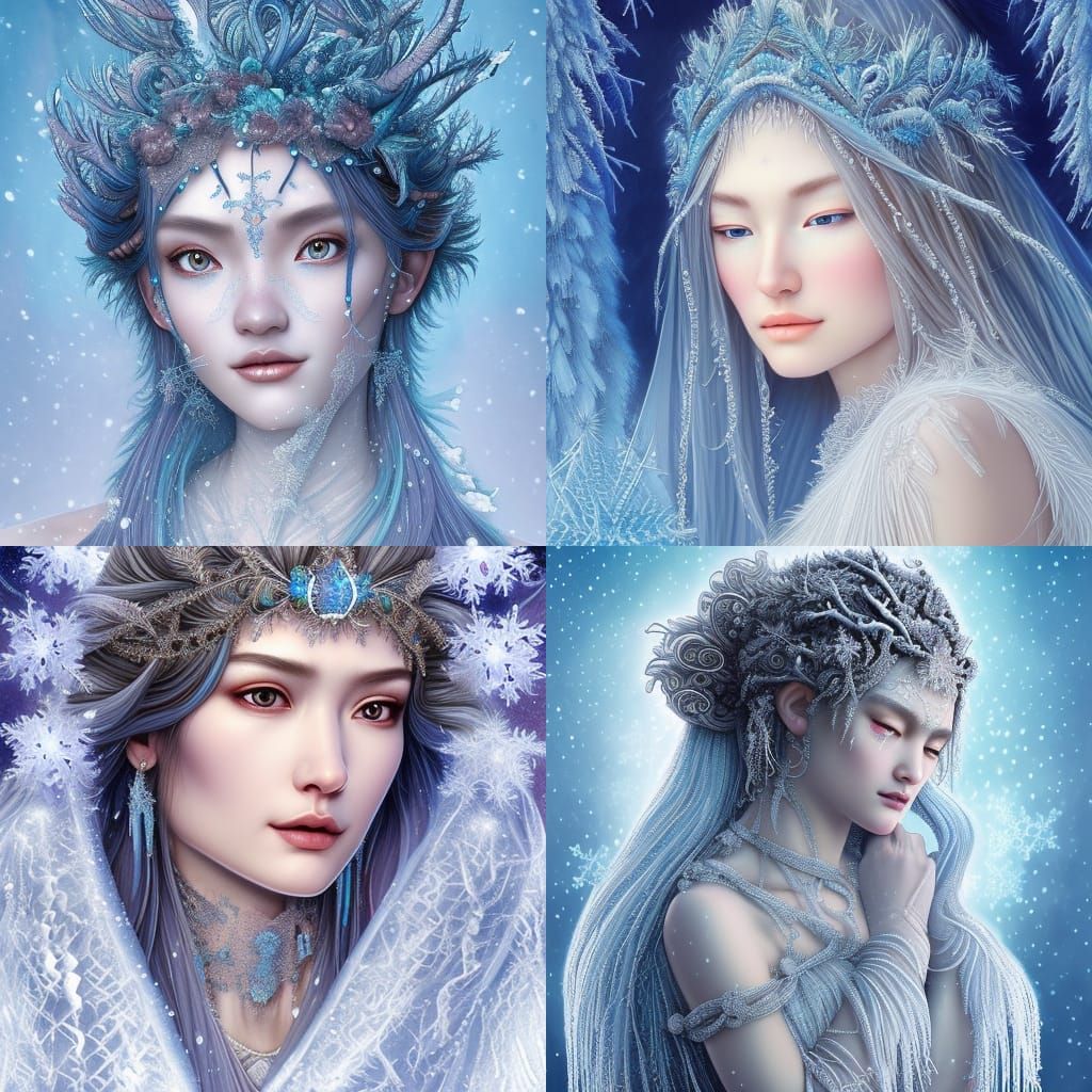 Intricately detailed portrait of “elaborate winter icicle goddess” with intricate freeze clear ...