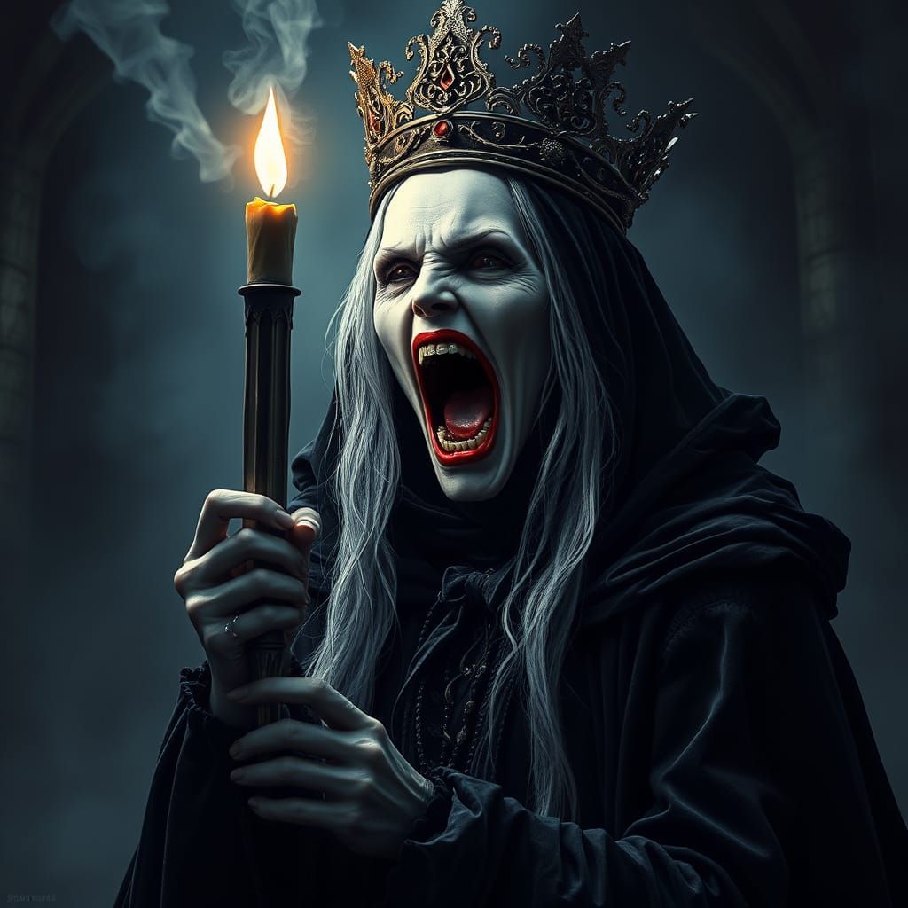 Dark Fantasy Vampire Queen in Rage with Candle, Ha... - AI Art