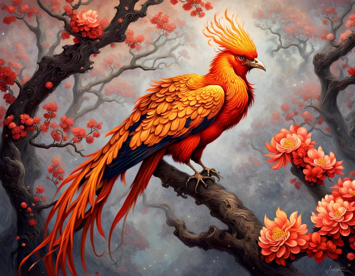 "A beautiful portrait of a firey Pheonix perched on a flowery forest ...