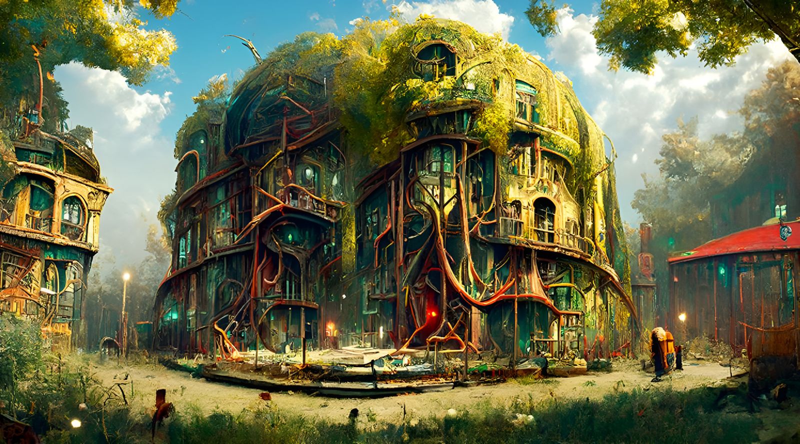 An ornate industrial city, tall arches, victorian, witchcraft, occult ...