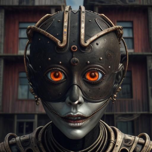 a close-up metallic mummy patched clay and wire sculpture with weird ...