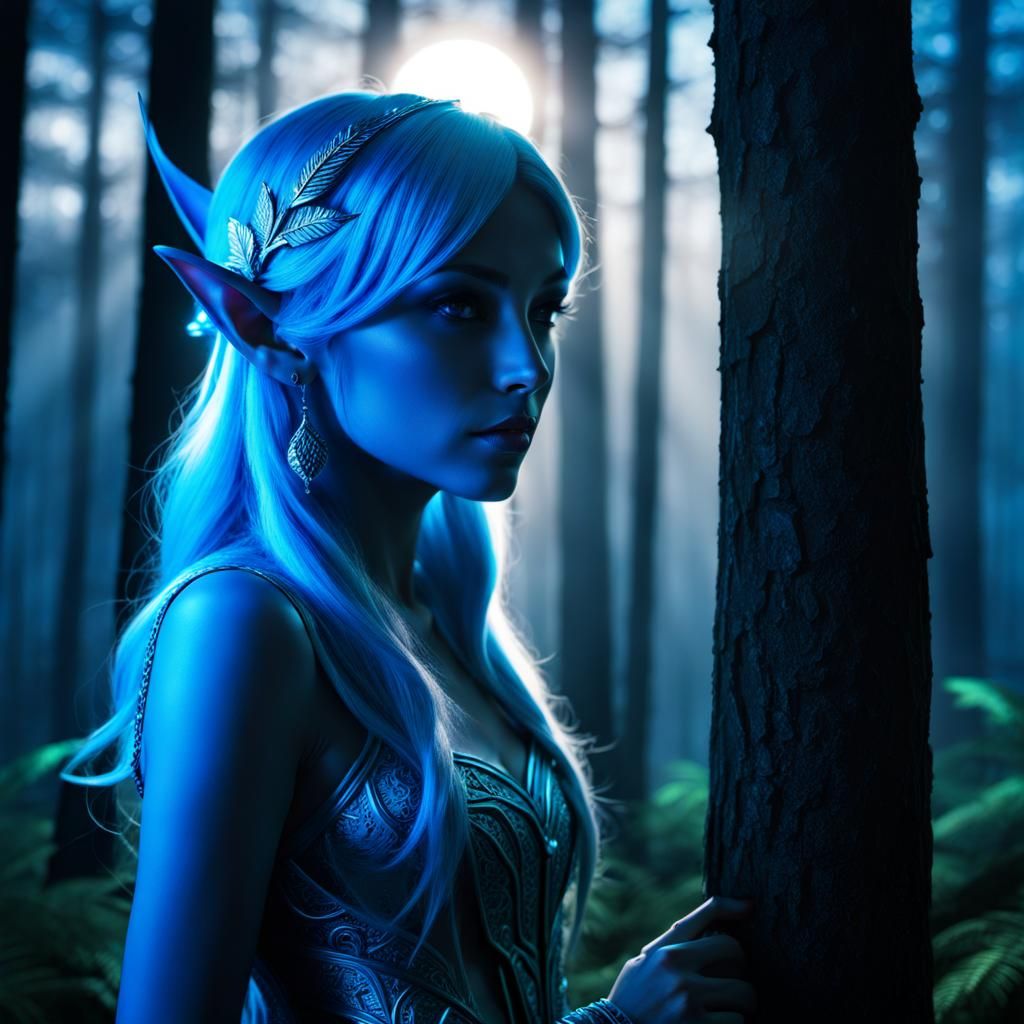 Forest at night, neon blue, moonlight rays, dusk, silhouette of a ...