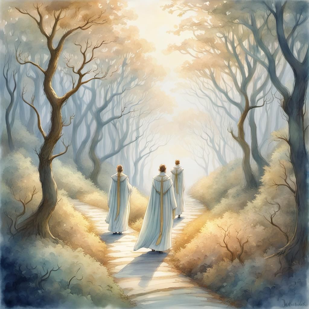 fantasy woodland with a trope of beautiful white robed Calaquendi elves ...