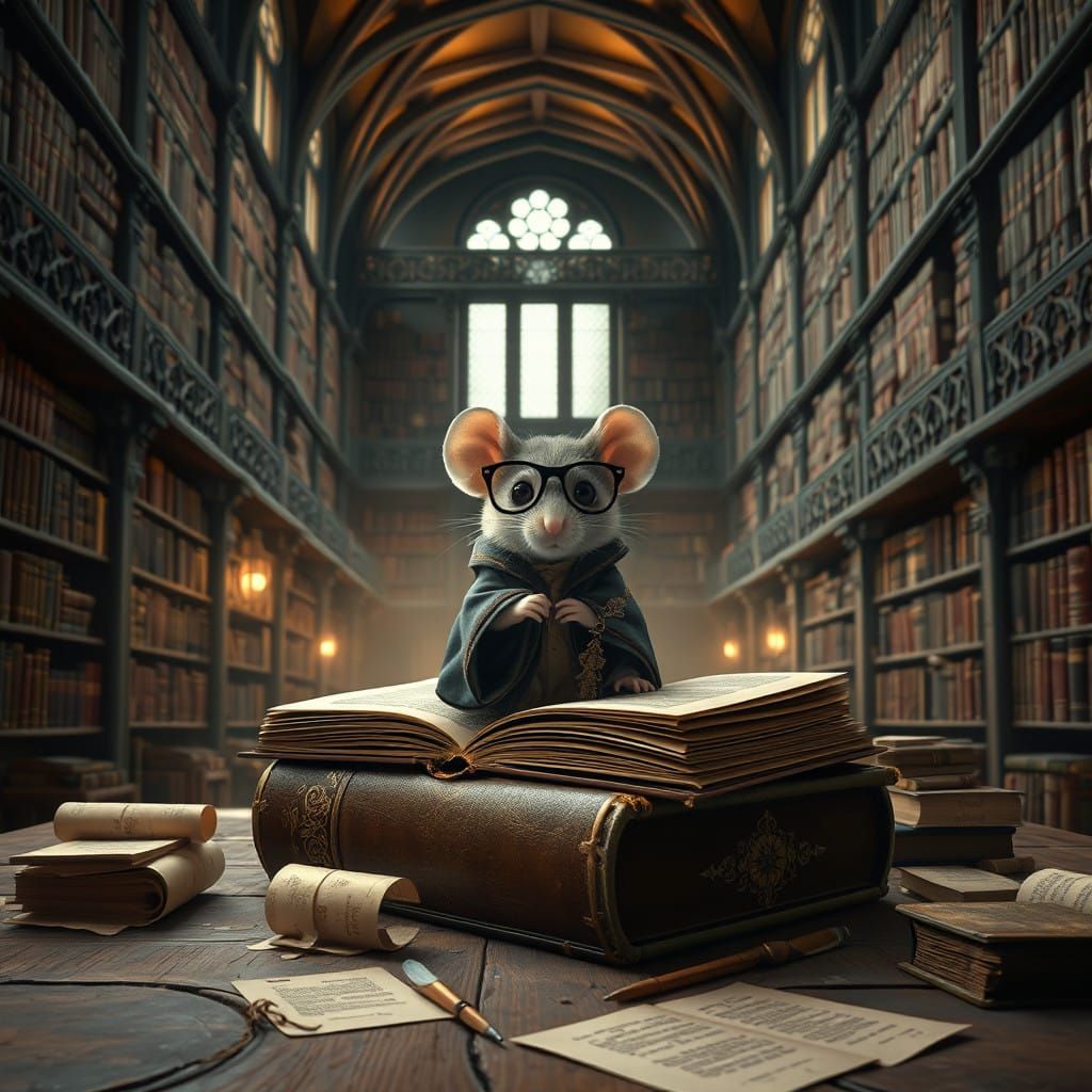 Majestic Mouse Scholar in Ancient Library - AI Art