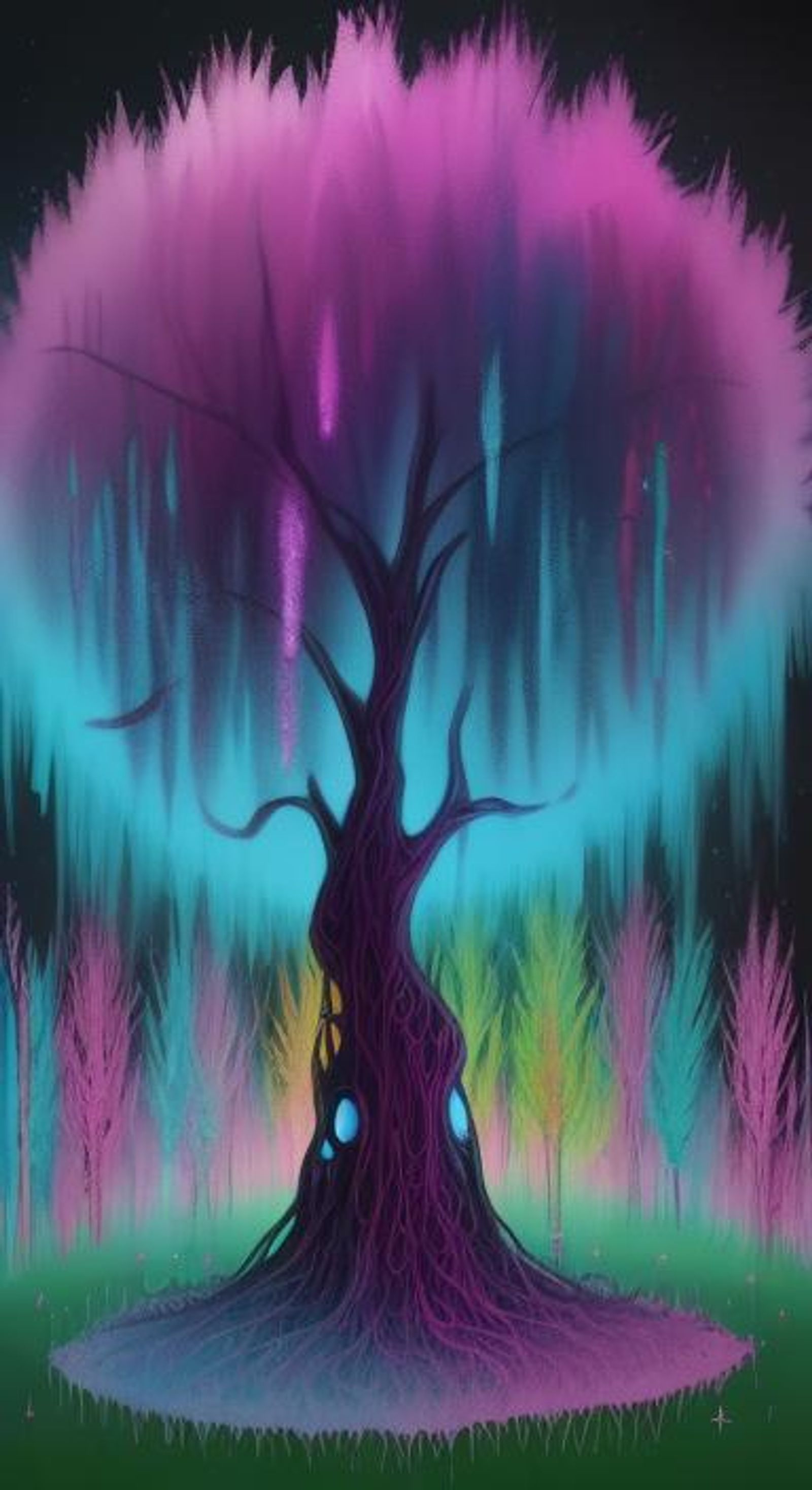 A 3d mystical grassy knoll with weeping willow trees, bushes, and ...