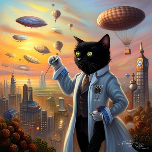 Anthropomorphic black cat mad scientist wearing labcoat in a steampunk ...