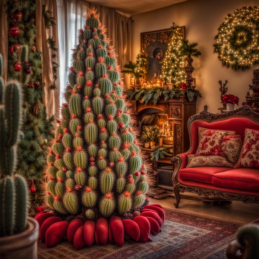 Christmas tree made of cactus of various kinds, in a festive living ...