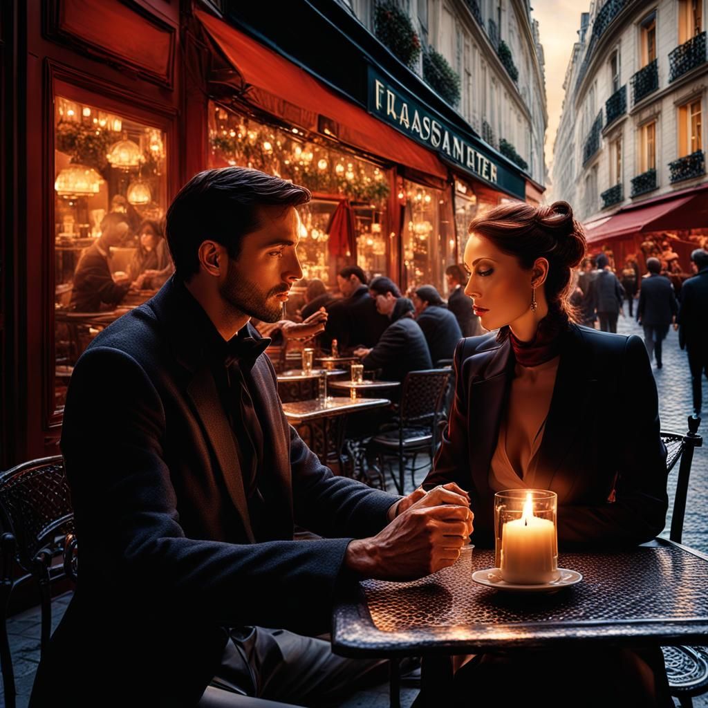 A Man and a woman in a parisian sidewalk cafe. For the love of a woman romantic. Tender ...