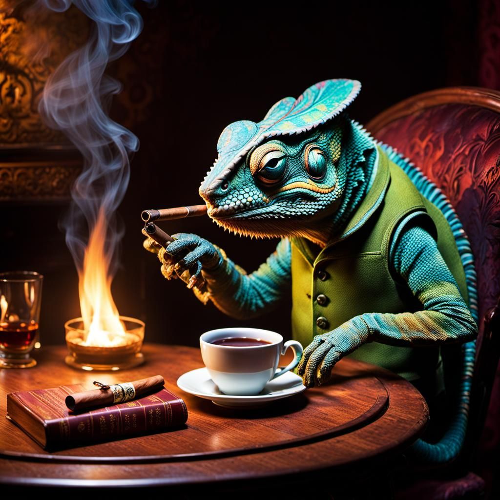 A chameleon lounges beside a fire enjoying his whisky, coffee and cigar ...