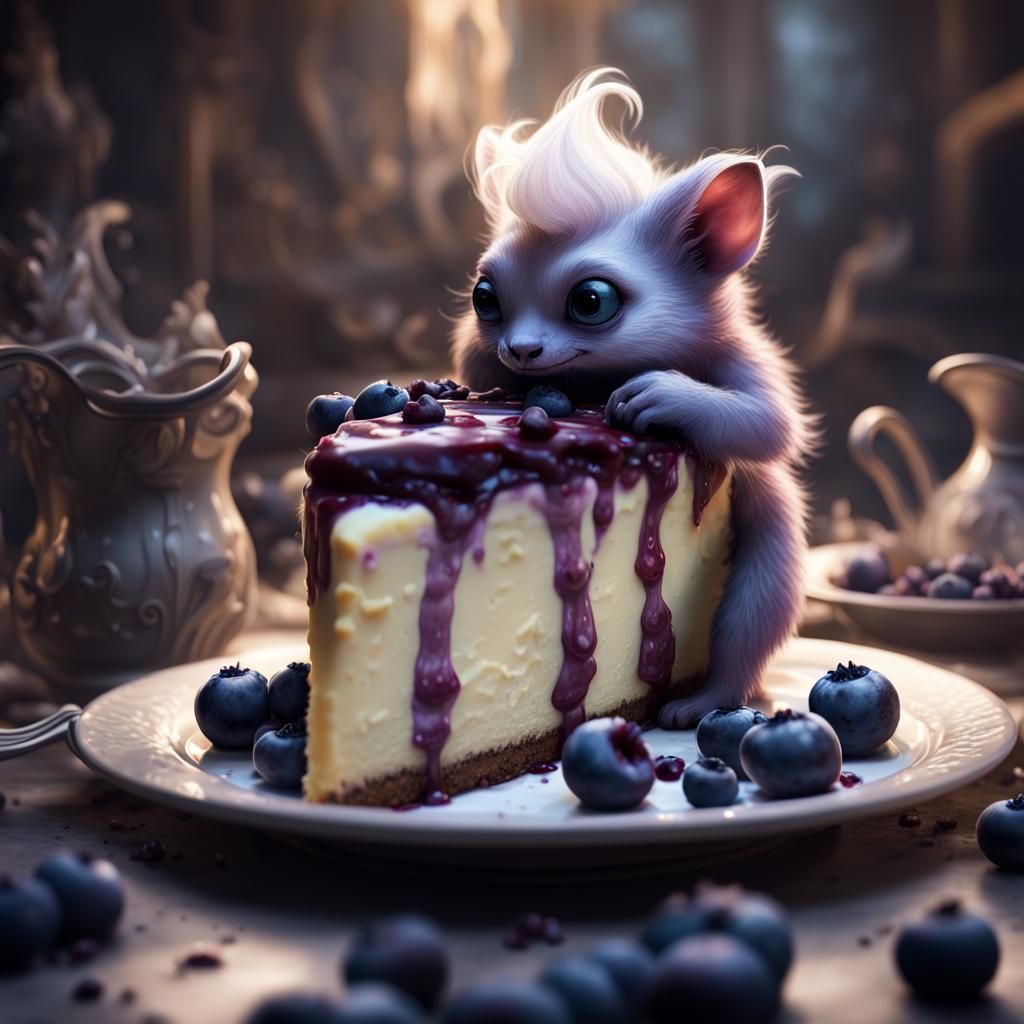 cute adorable fluffy creature eating blueberry and cheesecake swirl pie ...