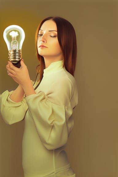 Woman with a lightbulb illuminating herself, studio lighting, realistic ...