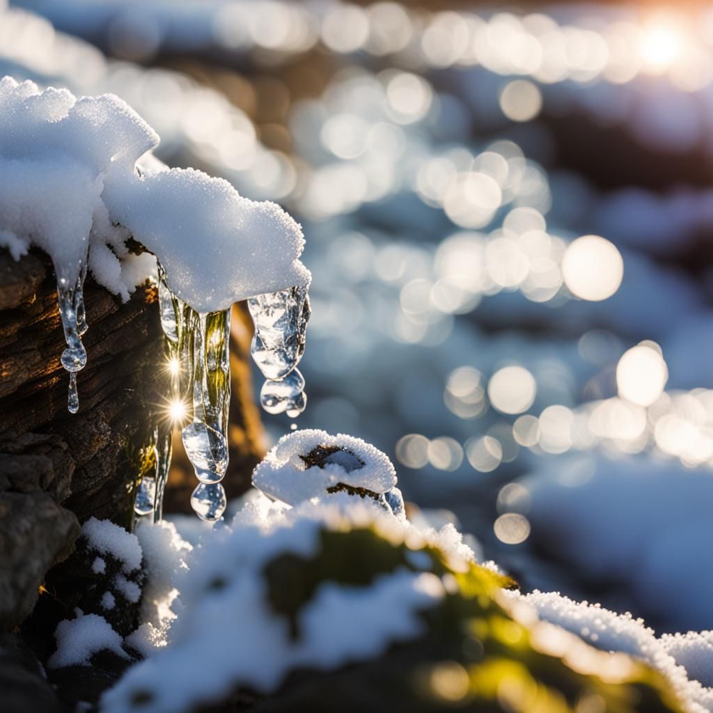 close up macro view of snow and ice melting, and the melt water ...