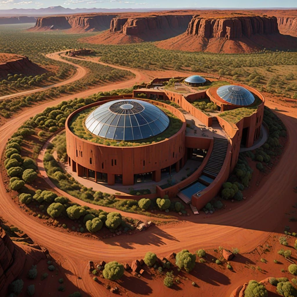 Eco-Friendly University Blends into Rust-Red Pilba... - AI Art