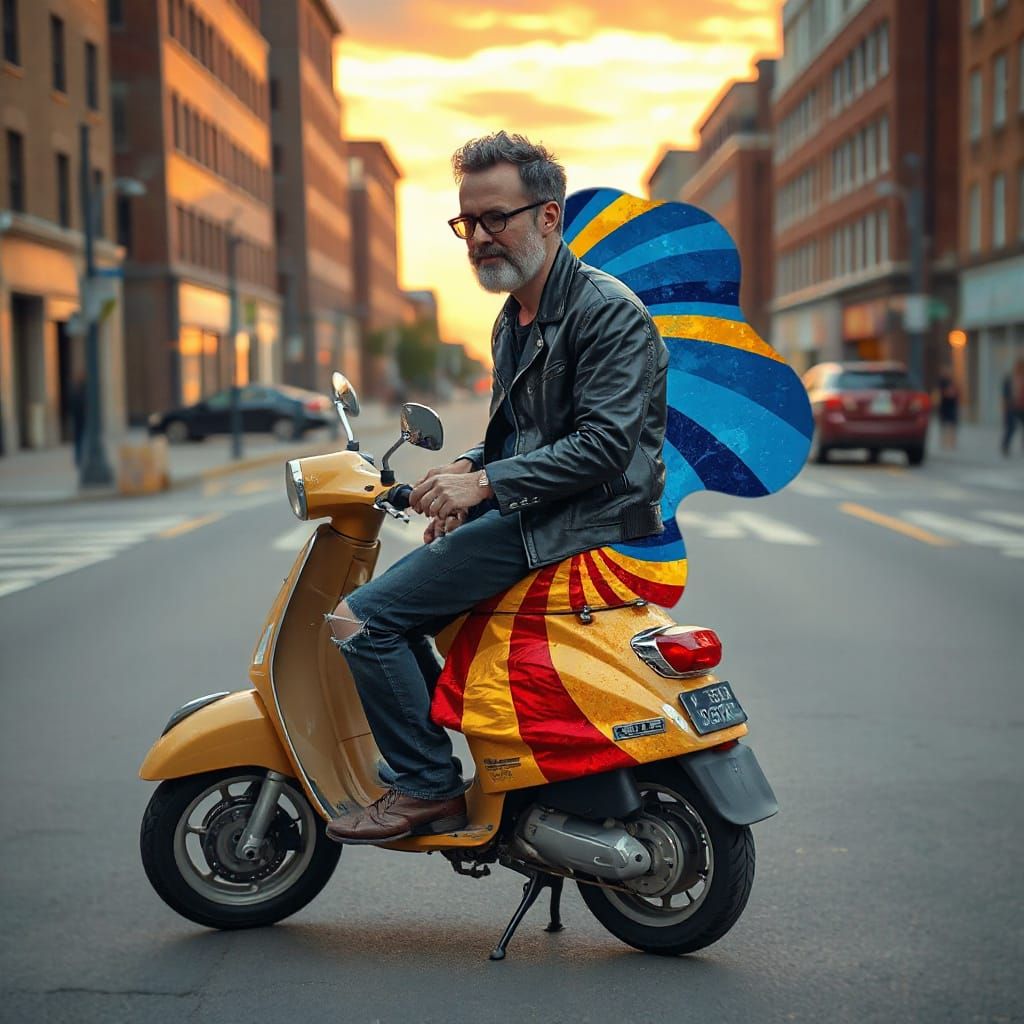 Bob mould on a mod scooter wrapped in "can't help you anymore" artwork
