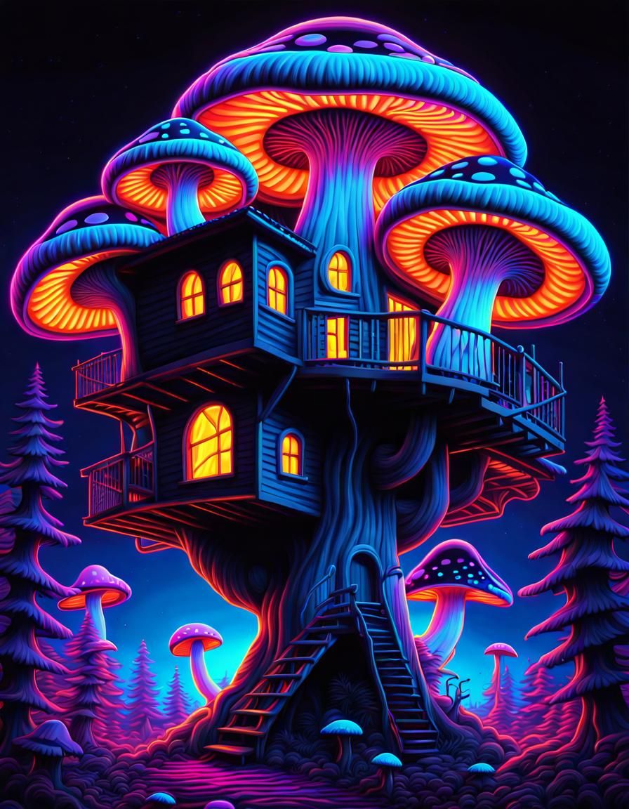 Neon mushroom treehouse - AI Generated Artwork - NightCafe Creator