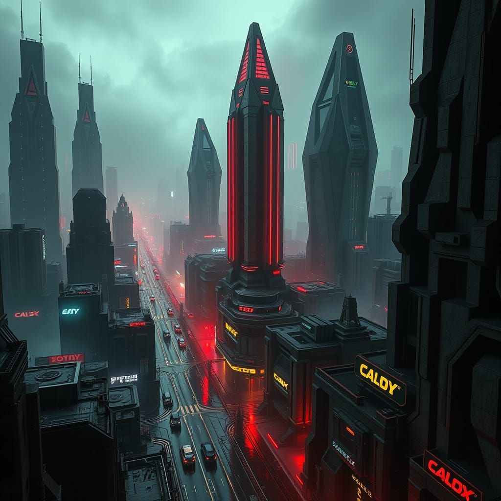 Cyberpunk 2099 Cityscape: Obsidian Skyscrapers Pie... - AI Art
