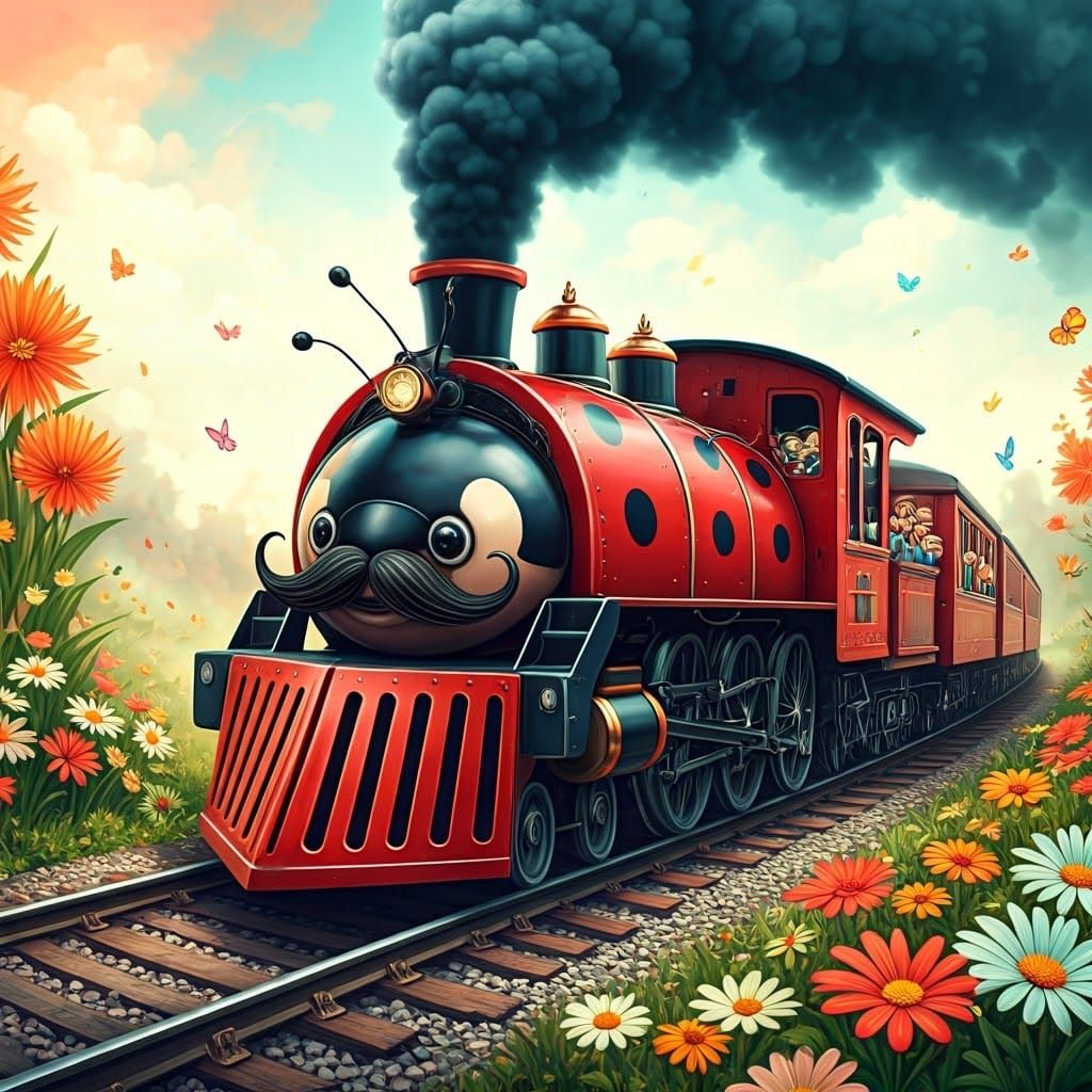 Cartoon.The double exposition is a beautiful fairy-tale ladybug train ...