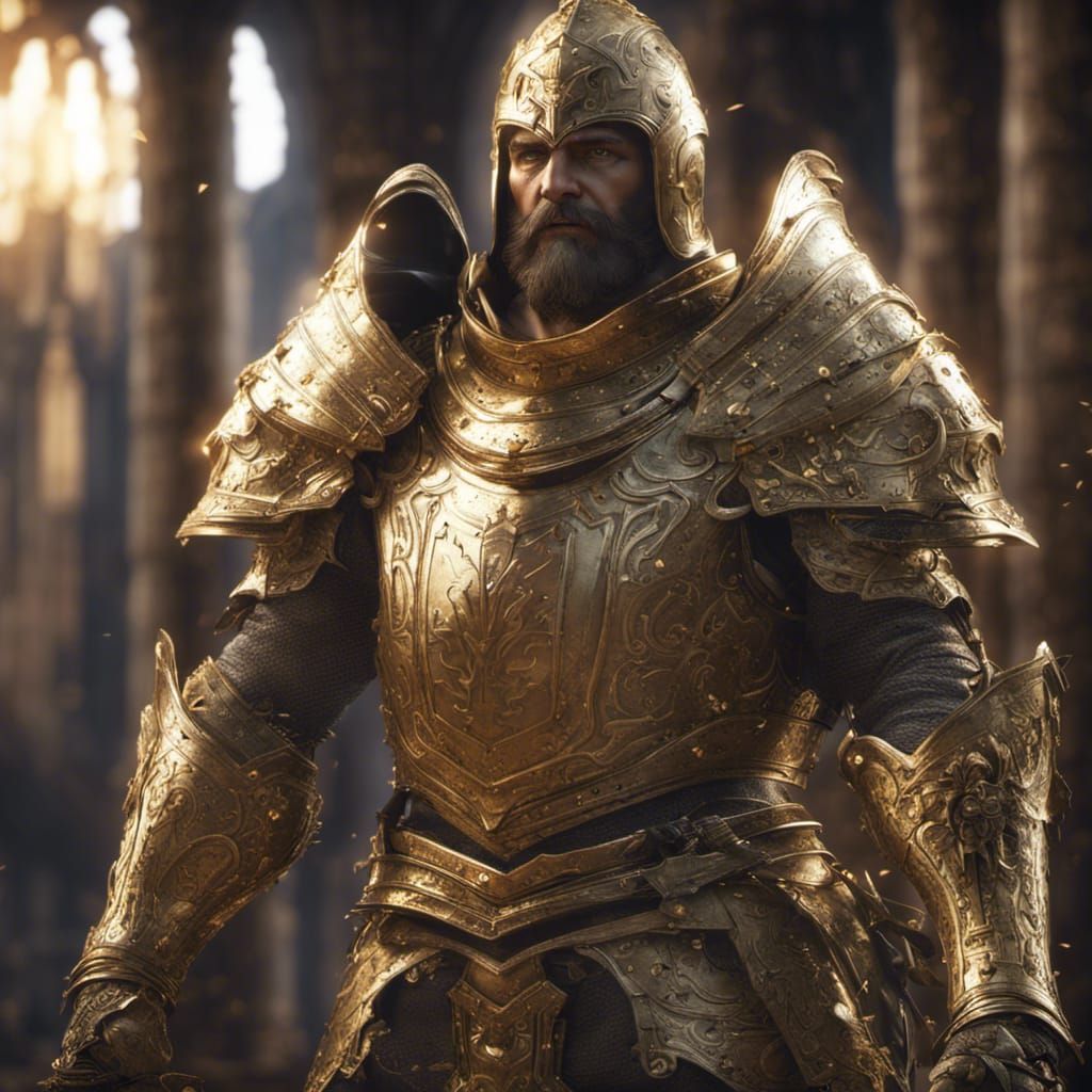 knight of the golden era, close, full golden armor, beard, king knight ...
