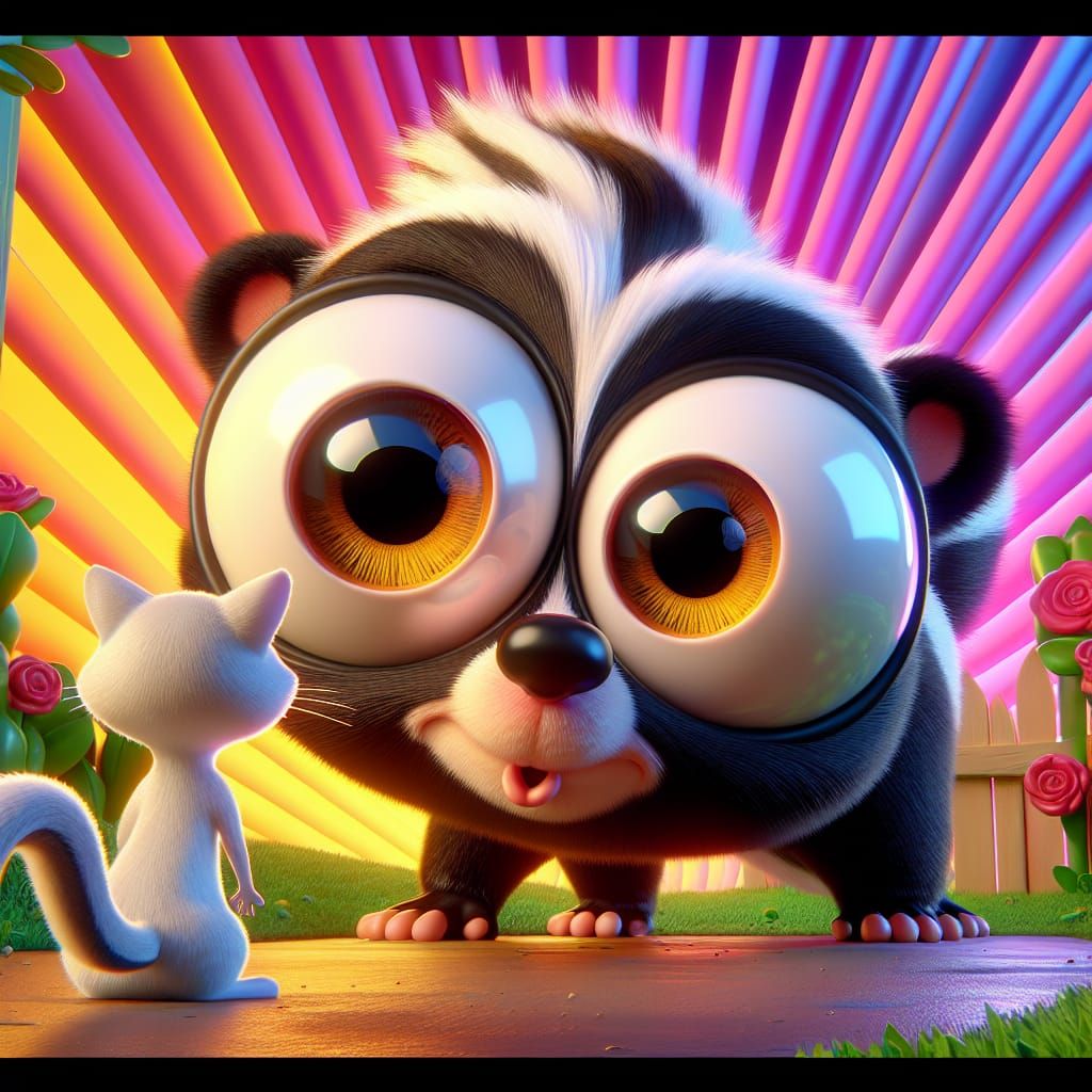 cartoon skunk with [large funny googly ] eyes watching a cat, cartoon ...