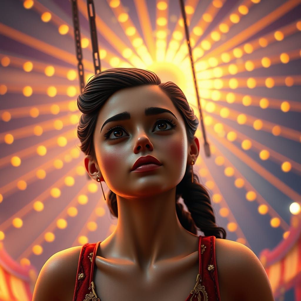 vintage circus with a graceful acrobat, closeup on her face