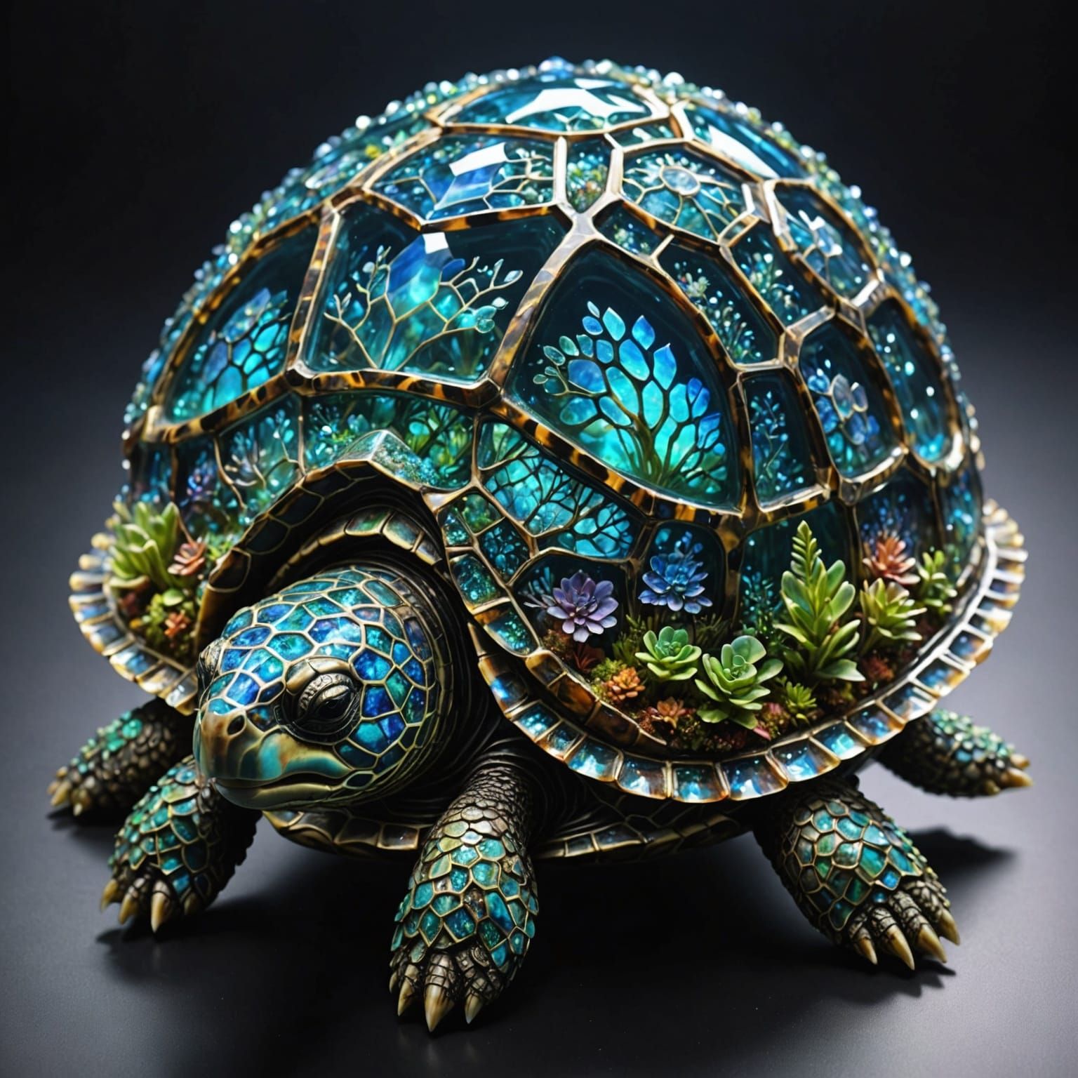 Dreamy Glass Turtle Shell in Vibrant Bioluminescen... - AI Art