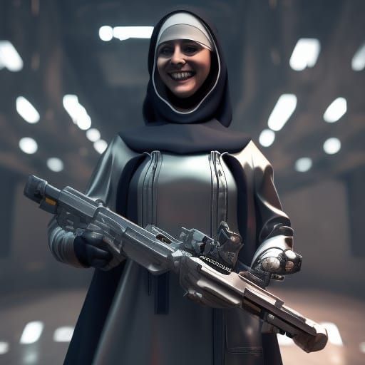 a nun grinning with a knife and a gun intricate mech details, ground ...
