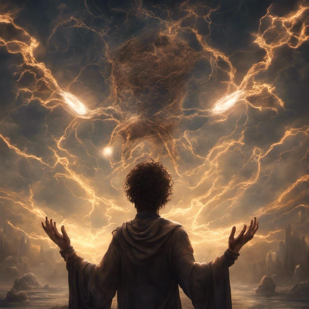 Human with god powers floating in air outside energy coming out of ...