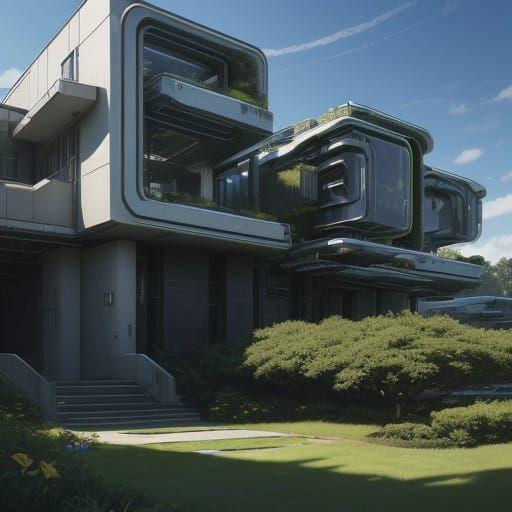 Solarpunk apartment complex set in the Future