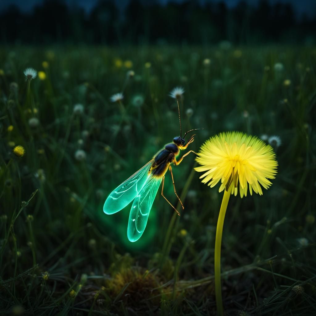 a firefly with green glowing tail end, green bioluminescence sitting on ...