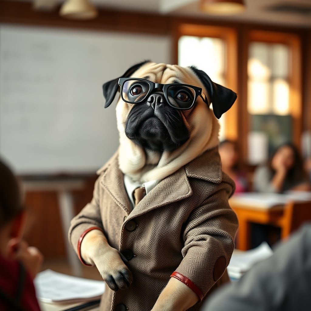A pug dog as a College lecturer teaching in a classroom with clothing ...