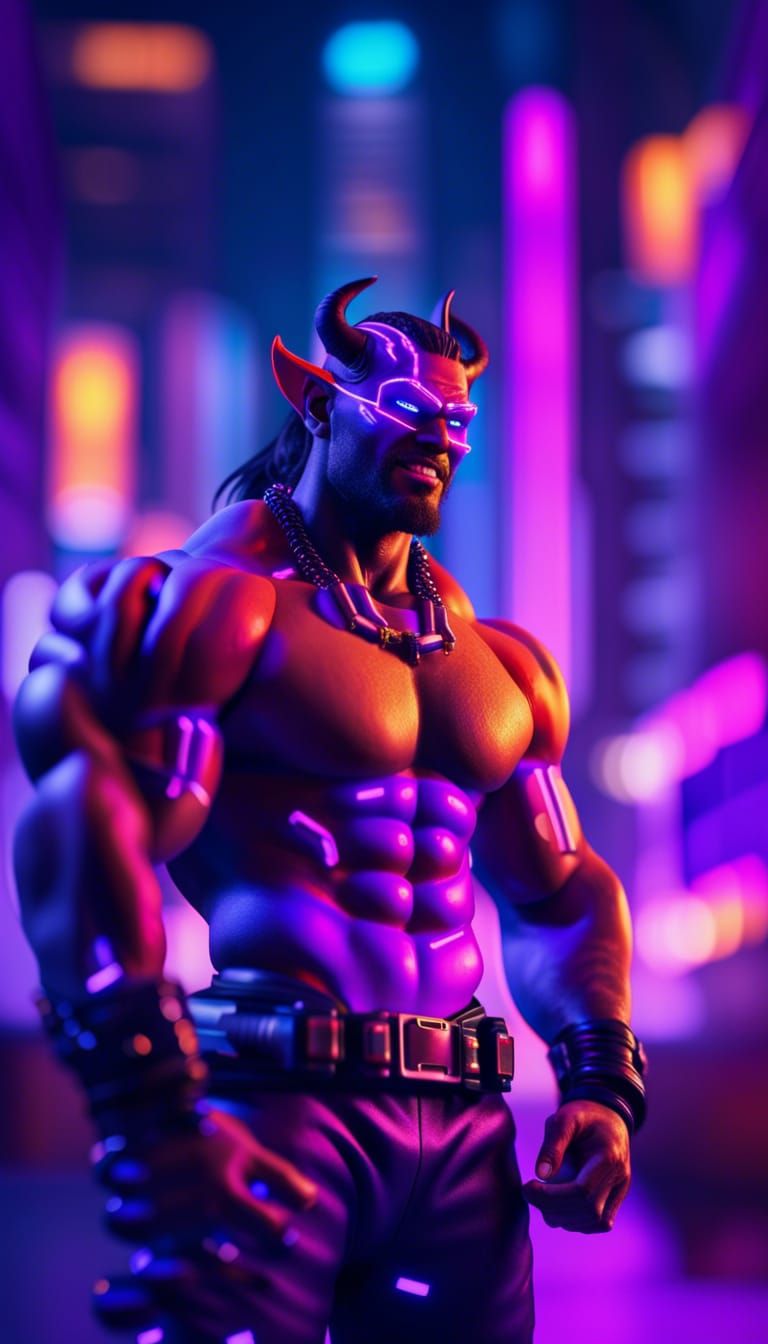 Cyberpunk Beefy Muscle Demon, standing against a small, miniature ...