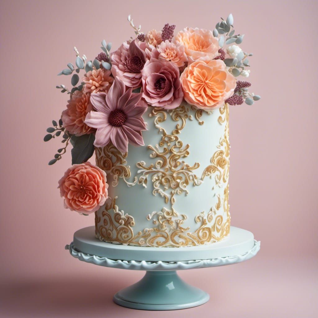 A stunning cake adorned with non-perils and floral accents, pipped with ...