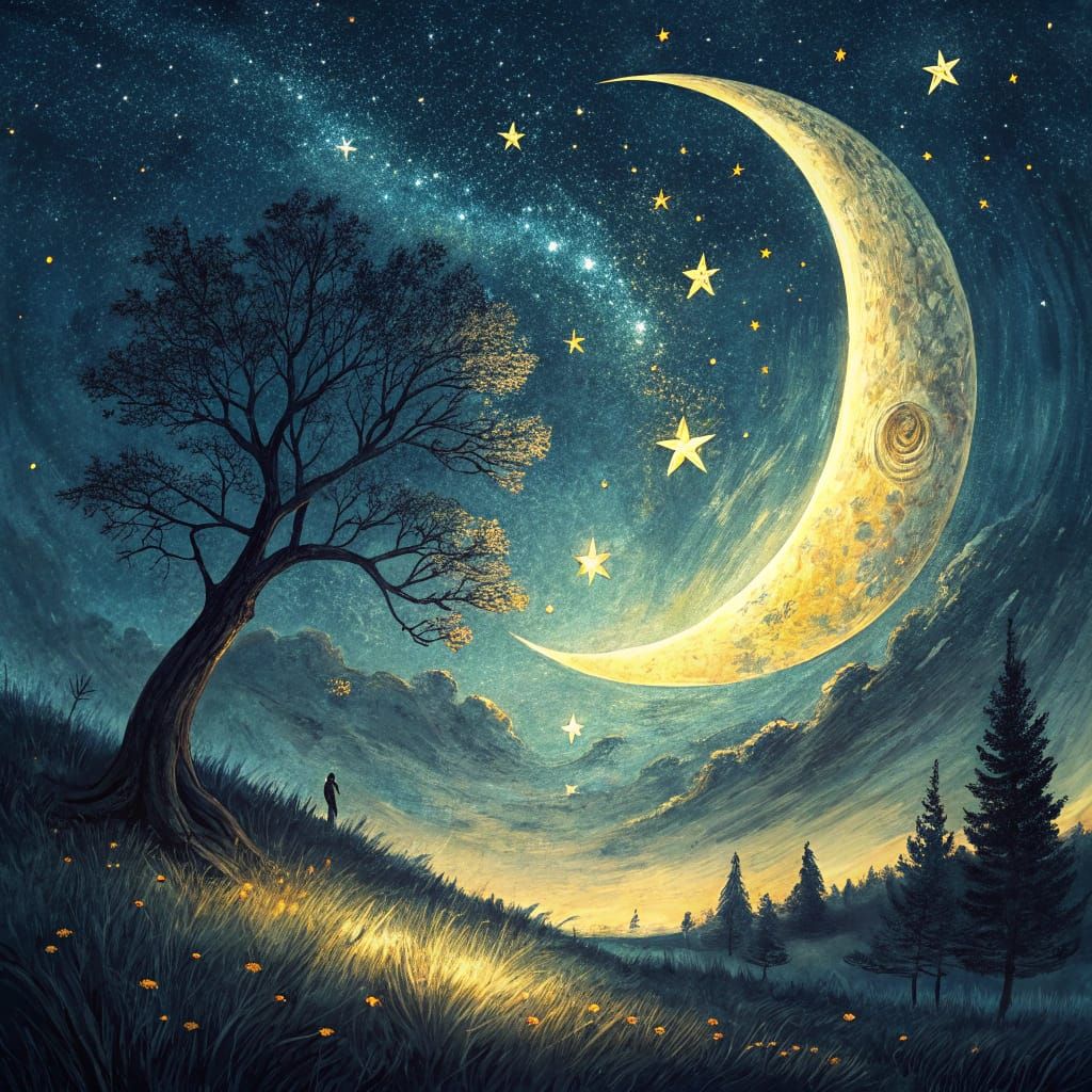 Illustration of a beautiful bright crescent moon i... - AI Art