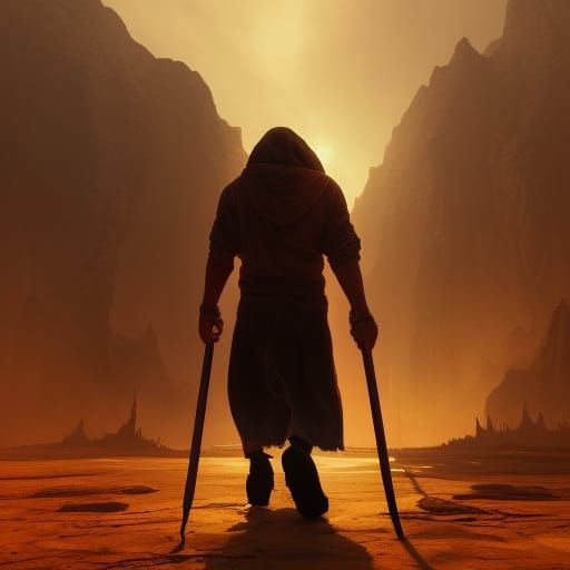 a god-like human walking down staris to hell with demons running to get ...