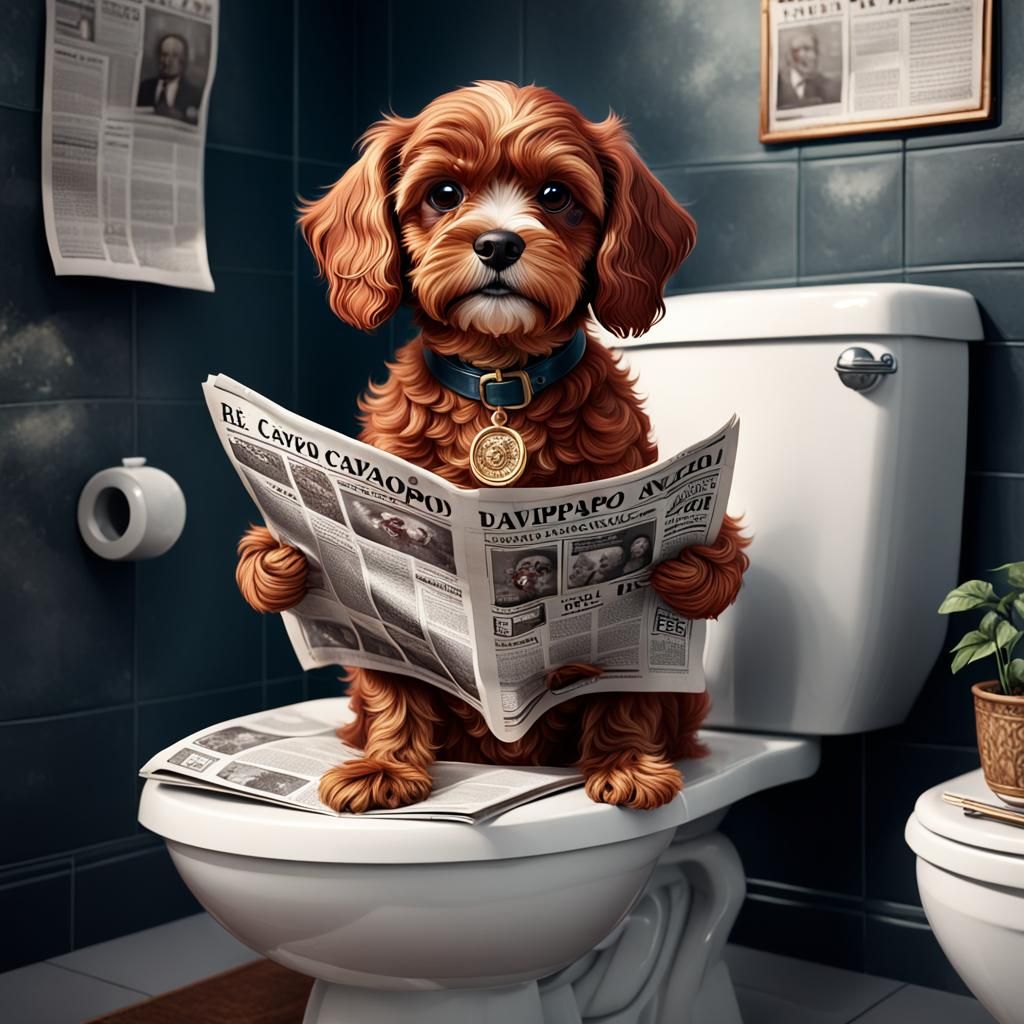 Red Cavapoo with white chin sitting on the toilet reading a newspaper - AI Generated Artwork ...