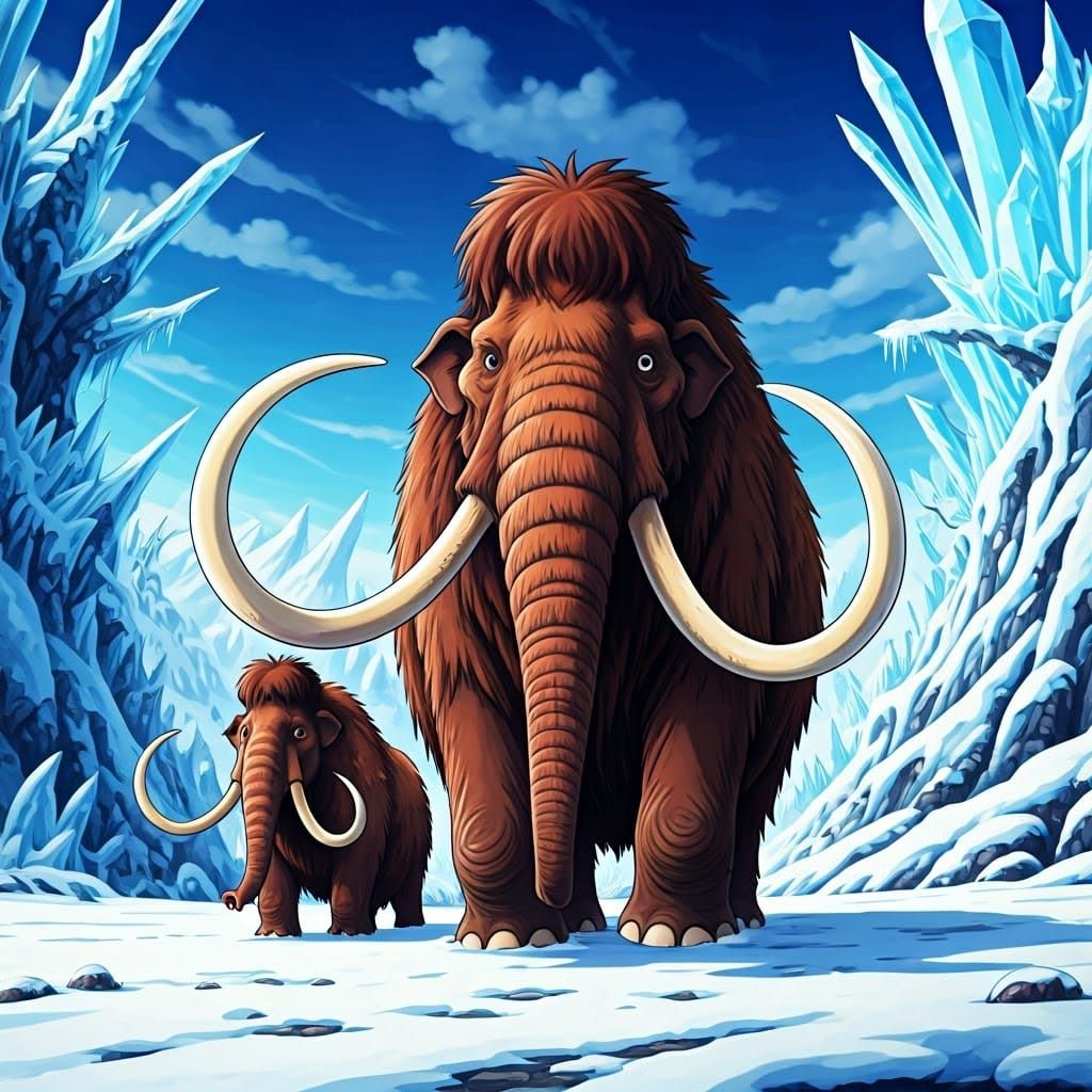 a2727. Extinct Creatures. A family of woolly mammoths, led by a ...
