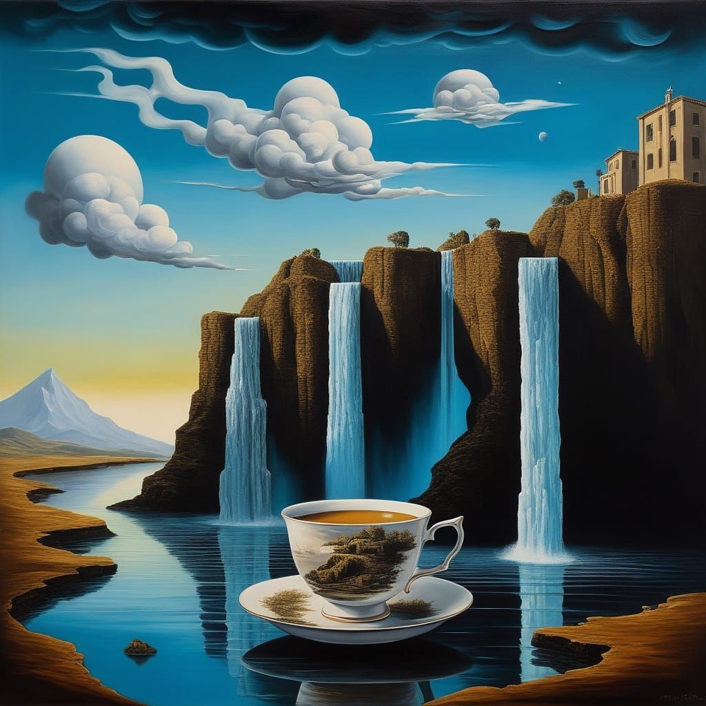 Surrealist Teacup on Waterfall's Edge in Dreamlike... - AI Art