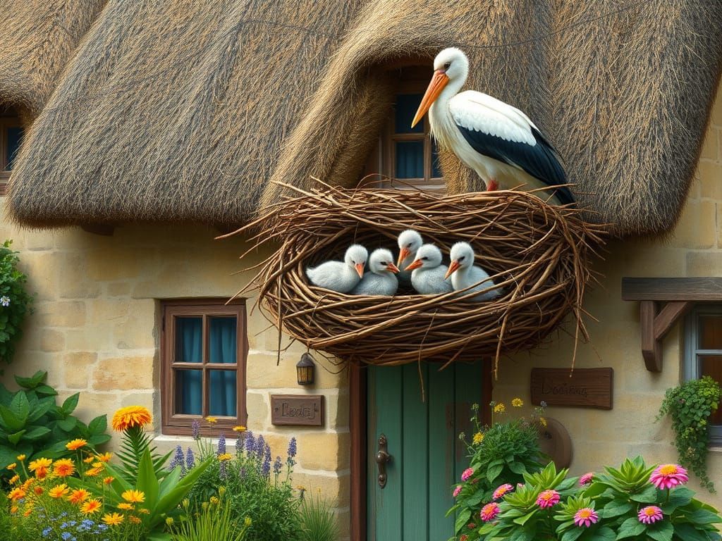 Stork nest in a village cottage. In the nest a large stork and small stork