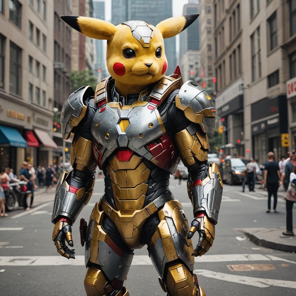 hyper realistic Pikachu in an armour ironman style, live action in the ...