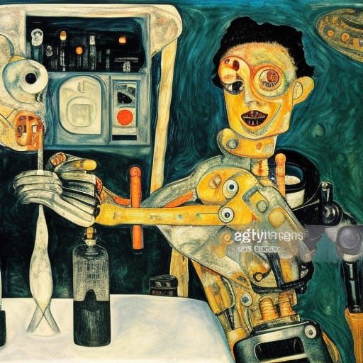 A polite robot butler offers cocktails from a machine oil and canapés ...