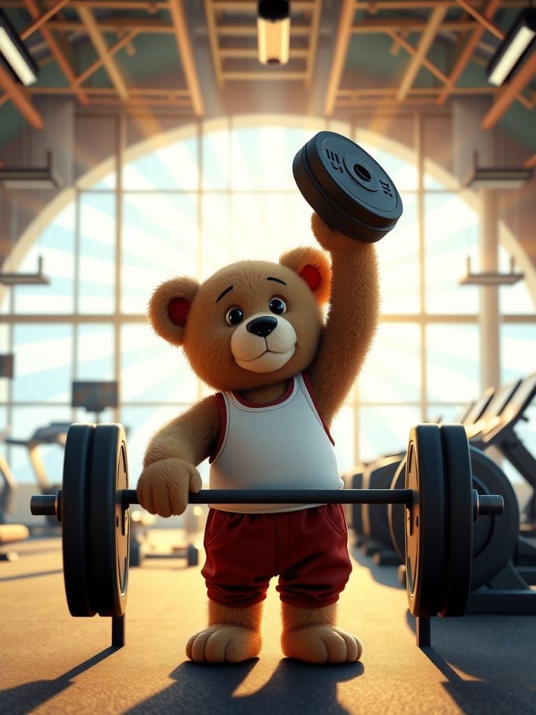 Cute Teddy Bear Lifting Weights in a Whimsical Gym - AI Art