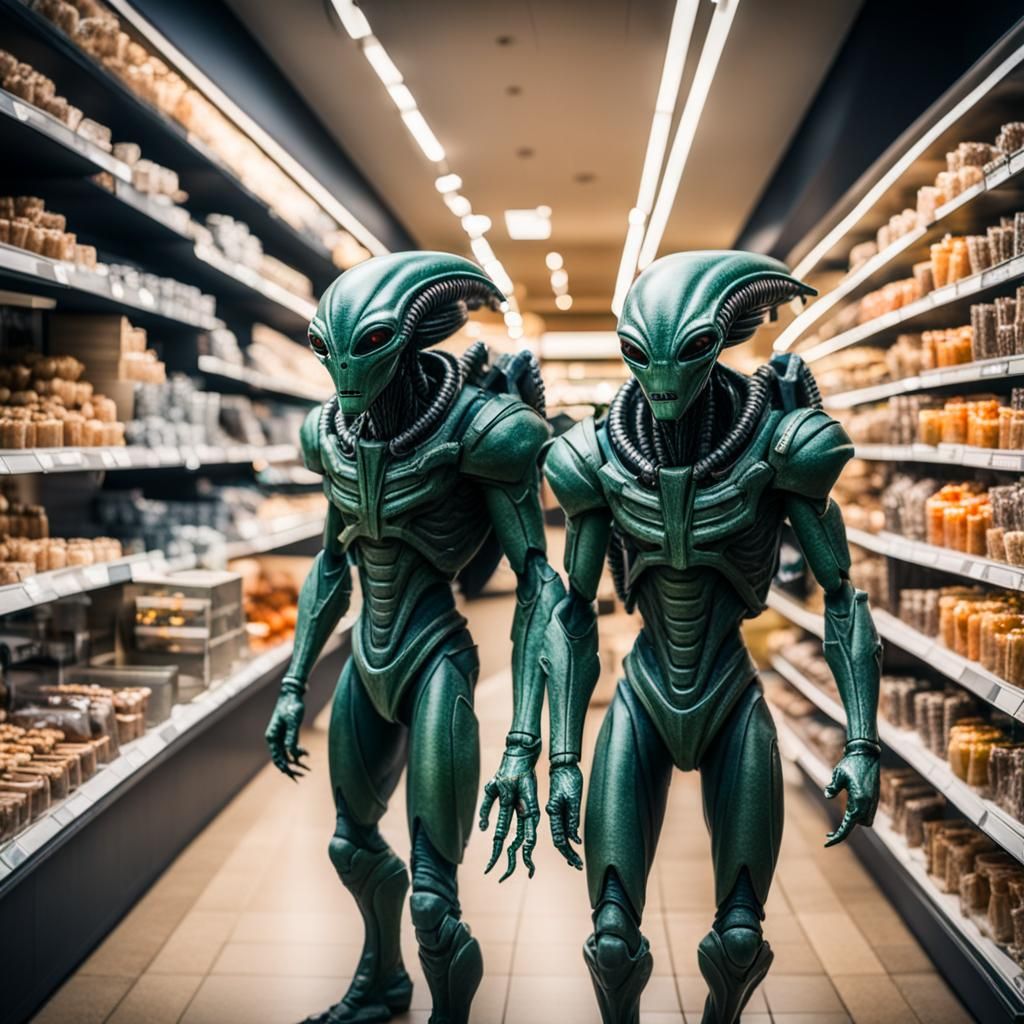 aliens shopping in a shop - AI Generated Artwork - NightCafe Creator